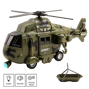 Vokodo Military Helicopter 11" With Lights Sounds Push And Go Includes Rescue Basket Durable Toy Friction Power Kids Army Soldier Chopper Pretend Play Truck Great Gift For Children Boys Girls Toddlers