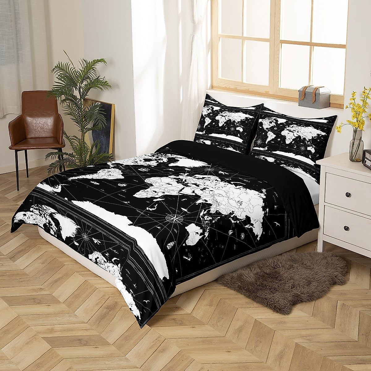 Erosebridal World Map Bedding Set Queen Nautical Theme Duvet Cover Black White Bedroom Decor Campus Sailboat Bedding, Geography Earth Global Theme Comforter Cover for Boys Girls Men Women