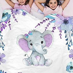 CADE Custom Baby Blanket with Name for Girls Personalized Baby Blanket Purple Floral Blankets Cute Elephant Blankets for Girls Customizable Baby Blanket Newborn Essentials Gifts - 30x40 inch