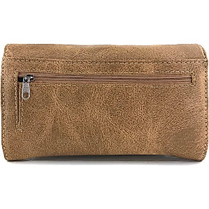 Justin West Rhinestone Cross Floral Embroidery Laser Cut Wristlet Trifold Wallet Attachable Long Strap (Tan)