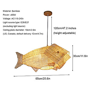 PARREN Fish-Shape Lantern Chandelier Hand-Wove Lamp Shade Modern Boho Style Bamboo Art Wicker Pendant Lamp Adjustable Ceiling Lighting Fixture Over Kitchen Island for Living Room,Dining Room Bedroom
