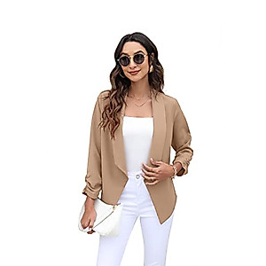 GRECERELLE Women's Office Blazer Jackets Long Sleeve Open Front Cardigan Casual Cropped Blazer Work for Women Khaki-10