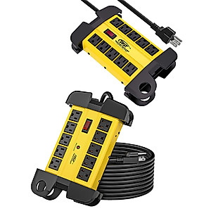 CRST 10-Outlet Heavy Duty Power Strip Surge Protector with 2800 Joules for Garden, Workshop, School, Shop 14AWG 15FT+6FT