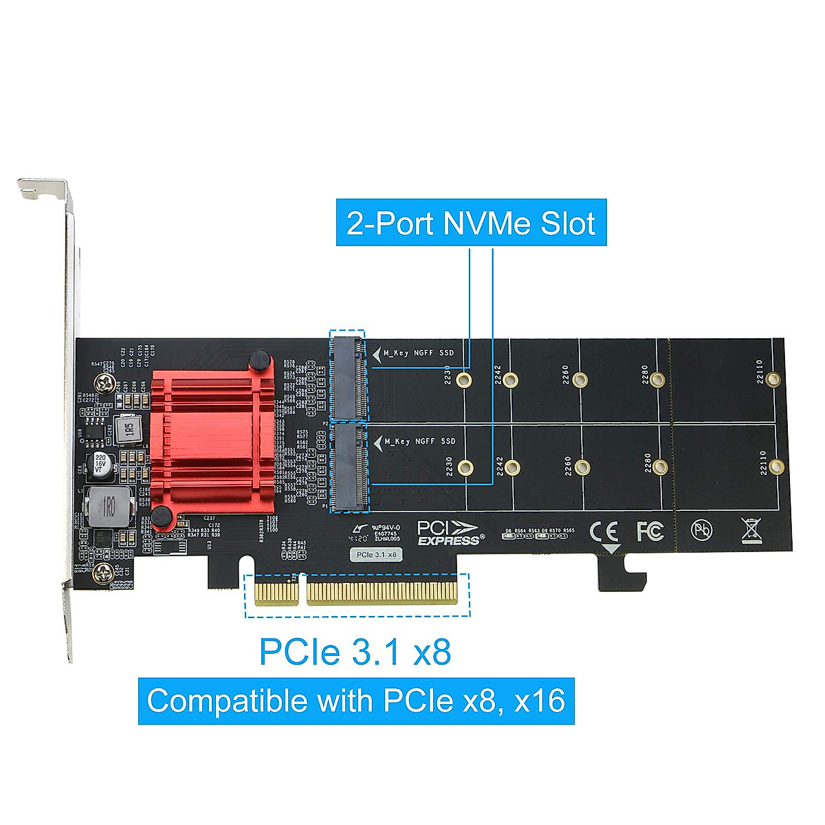 Dual NVMe PCIe Adapter, RIITOP M.2 NVMe SSD to PCI-e 3.1 x8/x16 Card Support M.2 (M Key) NVMe SSD 22110/2280/2260/2242/2230