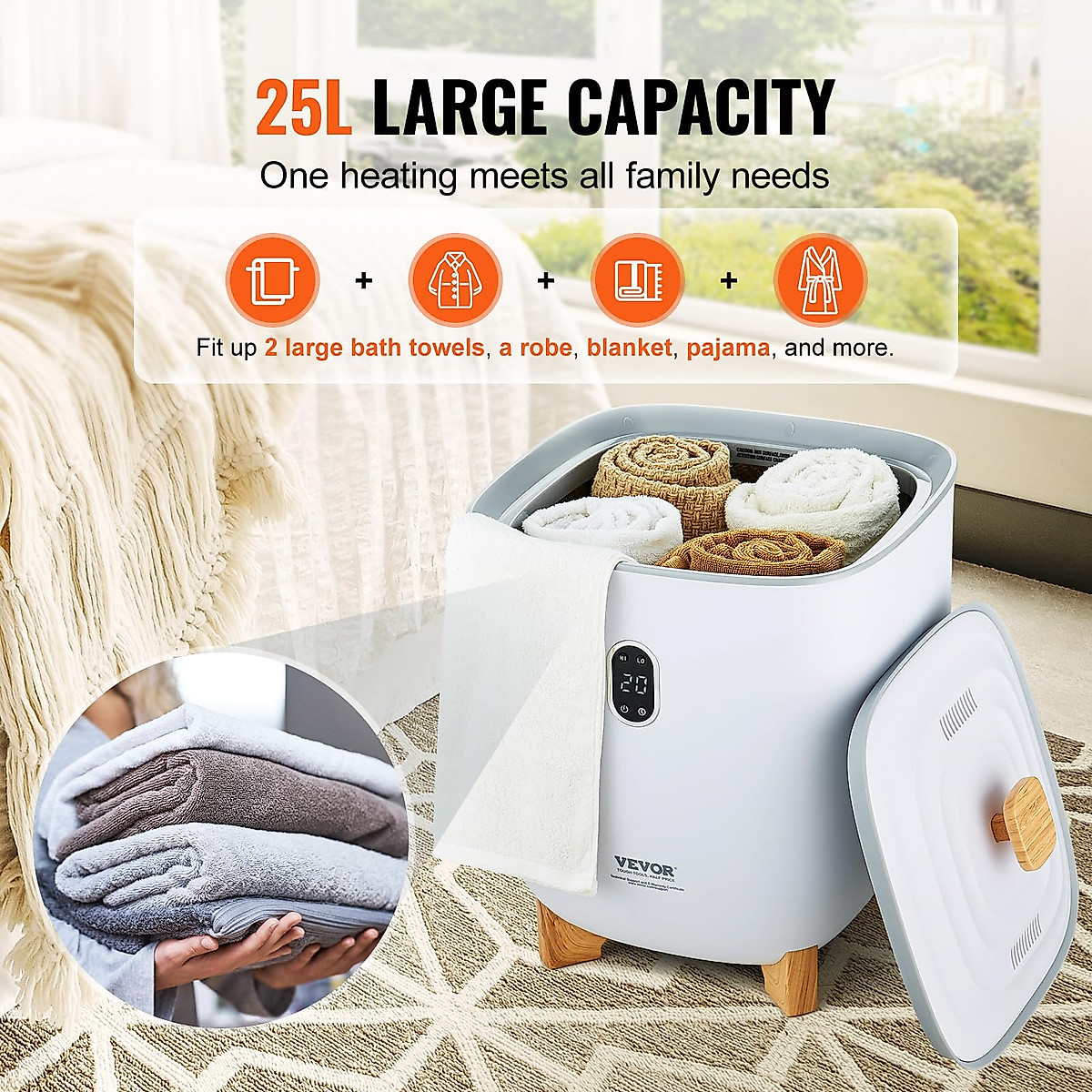 VEVOR Towel Warmer 25L, Towel Warmer Bucket with 2 Heating Modes, 20/40/60/90 Min Auto Shut Off, Bottom Heating Columns, LED Screen, Large Towel Warmer for Bathroom, Spa, Bathrobe, Blanket & Pajama