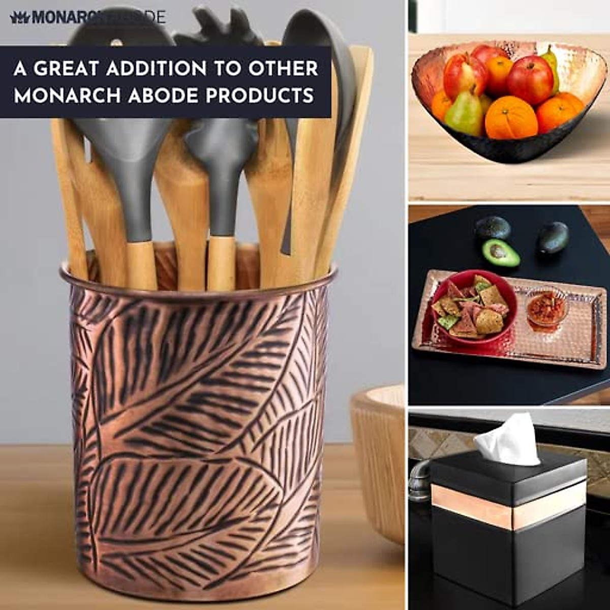 Monarch Abode 49677 Metal Handcrafted Floral Embossed Caddy, Kitchen Interior Organizer for Utensils, Crock for Cooking Utensils, Multipurpose, Large Utensil Holder, Antique Copper Finish