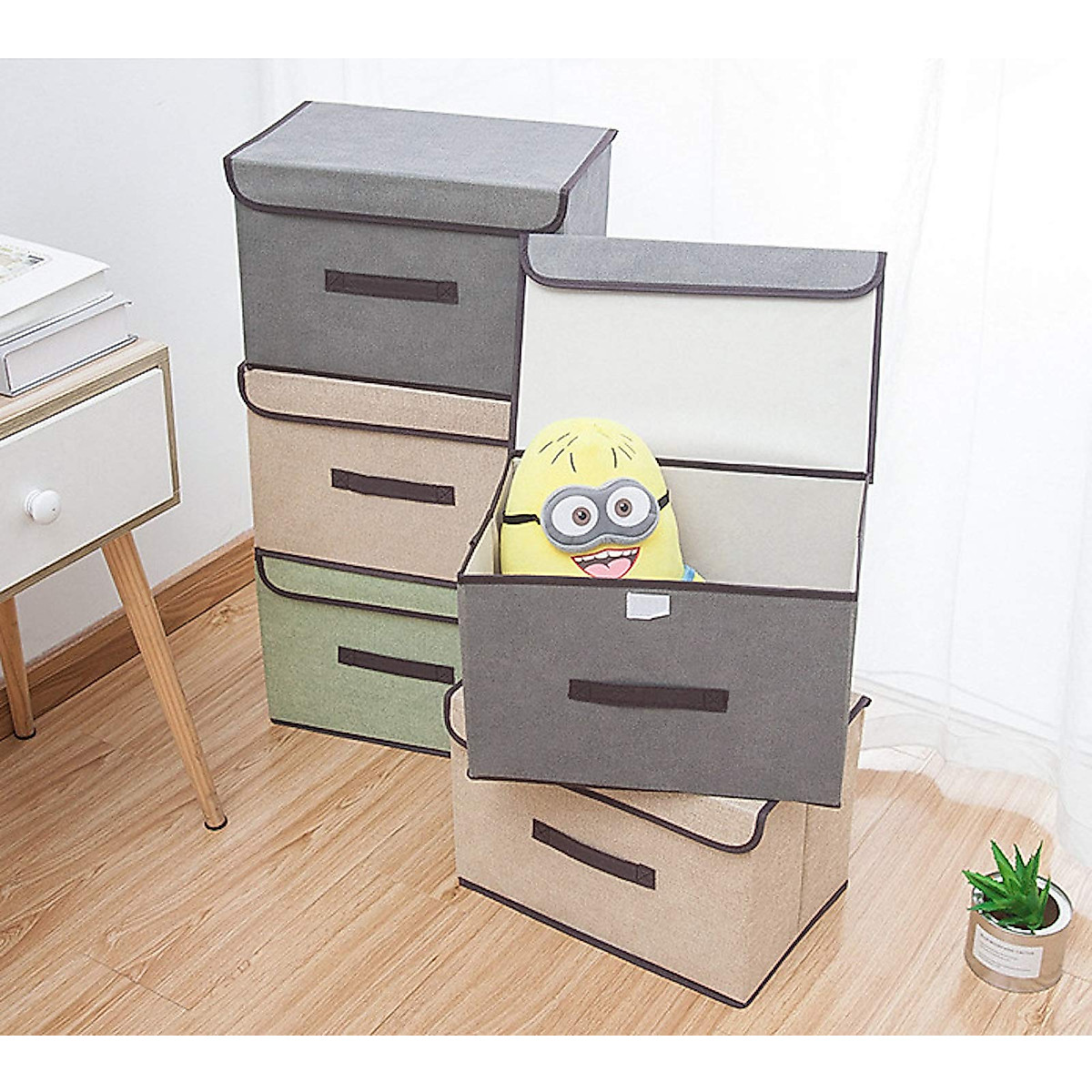 Cicilin Foldable Storage Basket, 2 Pack Lidded Storage Bins with Handle Organize Clothes Toys Book Universal Household Containers for Bedroom Wardrobe Clothes Office Shelf (Beige)