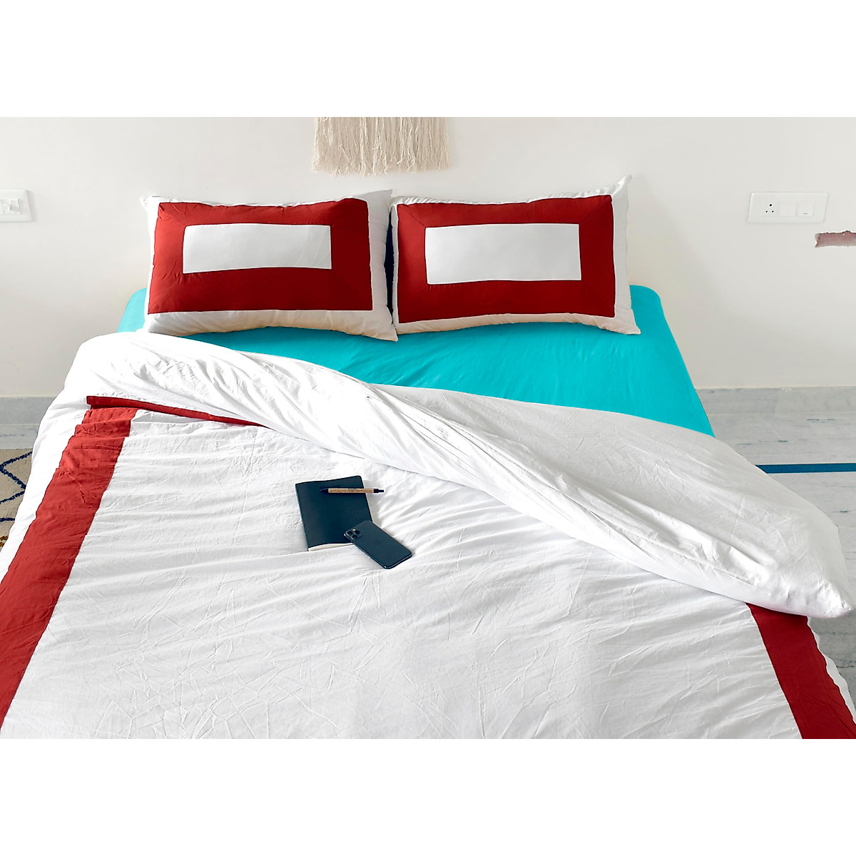 LALAWAT EXPORT Striped Border Pattern Duvet Cover Set 3-Piece Breathable and Soft Cotton Bedding Comforter Cover with Pillowcase (Queen, Red)