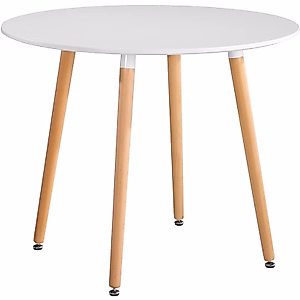NIERN Round Dining Table with Beech Wood Legs, Modern Wooden Kitchen Table for Dining Room Kitchen (White)