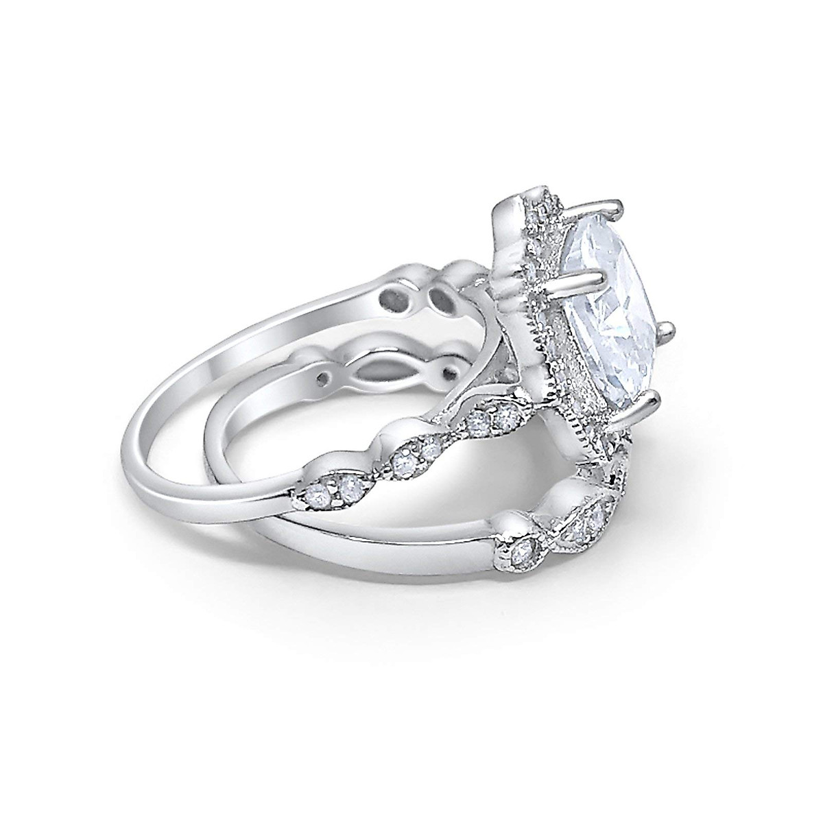 Blue Apple Co. Two Piece Art Deco Wedding Engagement Ring Band Cushion Cubic Zirconia 925 Sterling Silver Size - 7