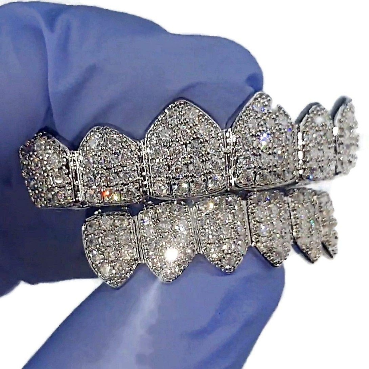 CZ Grillz Set Silver Tone Cubic Zirconia Micro Pave Bling Teeth Top & Bottom Row Iced Hip Hop Grills