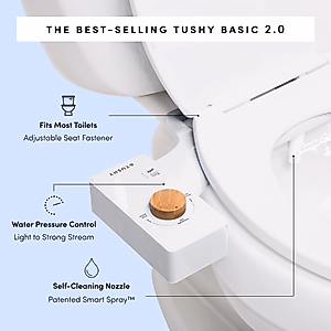 TUSHY Basic 2.0 Bidet Toilet Seat Attachment | A Non-Electric Self Cleaning Water Sprayer w/Adjustable Water Pressure Nozzle, Angle Control & Easy Home Installation (White/Bamboo)