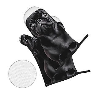 Oven Mitts and Pot Holders Set of 4 Cute Black Pug Dog Print Kitchen Oven Glove Fashion Heat Resistant Oven Gloves Set for BBQ Grill Baking Cooking Oven Microwave