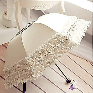 WANLIAN Princess Lace Ultraviolet-Proof Triple Folding Umbrella Dome used for ParasolDecorations Photoshoot Props.（Rice white）