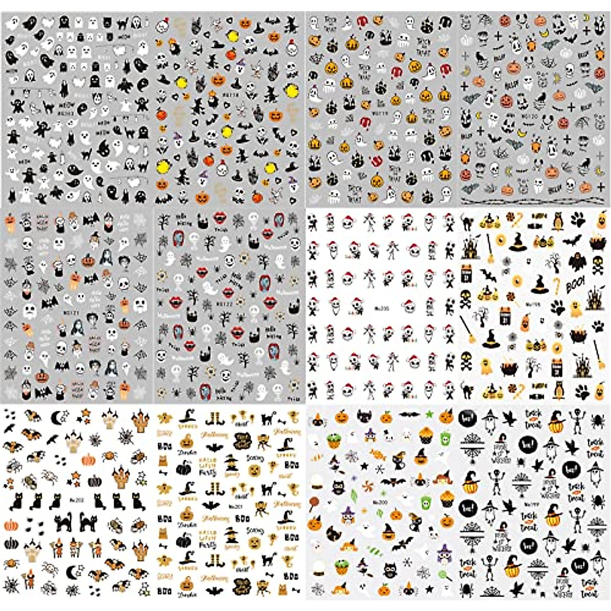 12 Sheets Halloween Nail Art Stickers Decals Self-Adhesive Pegatinas Uñas Cute Ghost Hat Castle Cat Skull Bat Nail Supplies Nail Art Design Decoration Accessories