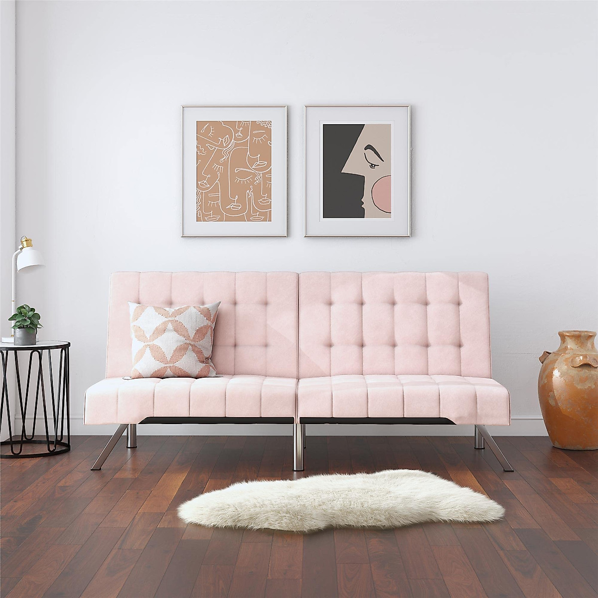 DHP Emily 71 Inch Futon Sofa Bed Fabric, Armless Upholstered Couch Sleeper with Tufted Back and Seat, Mid-Century Modern, Pink Velvet