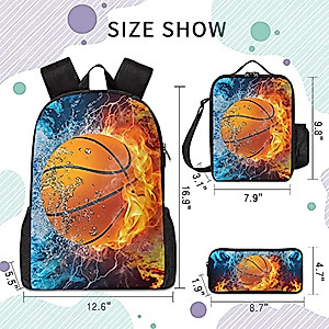 Qlonrewt 3PCS Backpack with Lunch Box Pencil Case Set, Boys Girls Bookbag Lunch Bag for Middle-School Elementary Student (Basketball Orange)