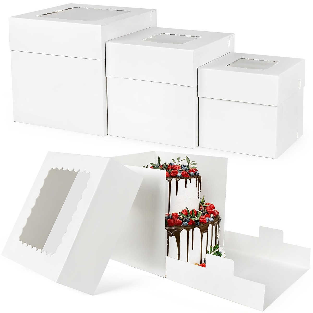 LotFancy Tall Cake Boxes with Window, 3 Sizes 12Pcs 12 x12 x 12, 10 x10 x 10 and 8 x 8 x 8 Inch Cake Carrier, White Bakery Boxes, Cardboard Cake Containers for Wedding Birthday