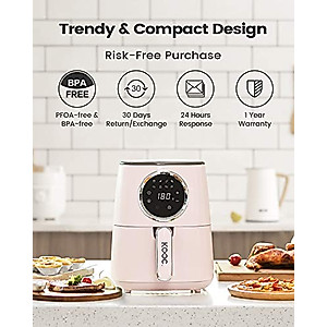 [NEW] KOOC Large Air Fryer, 4.5-Quart Electric Hot Oven Cooker, Free Cheat Sheet for Quick Reference Guide, LED Touch Digital Screen, 8 in 1, Customized Temp/Time, Nonstick Basket, Pink