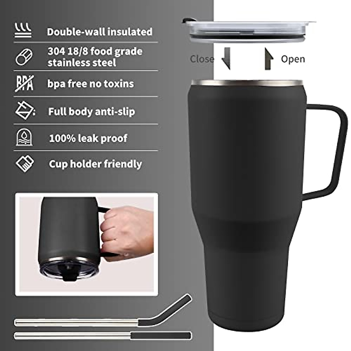 MUCHENGHY 40 oz Tumbler with Handle and Straw Lid, Leak Proof Double Vacuum Stainless Steel Tumblers Insulated Travel Coffee Mug with Lids Black