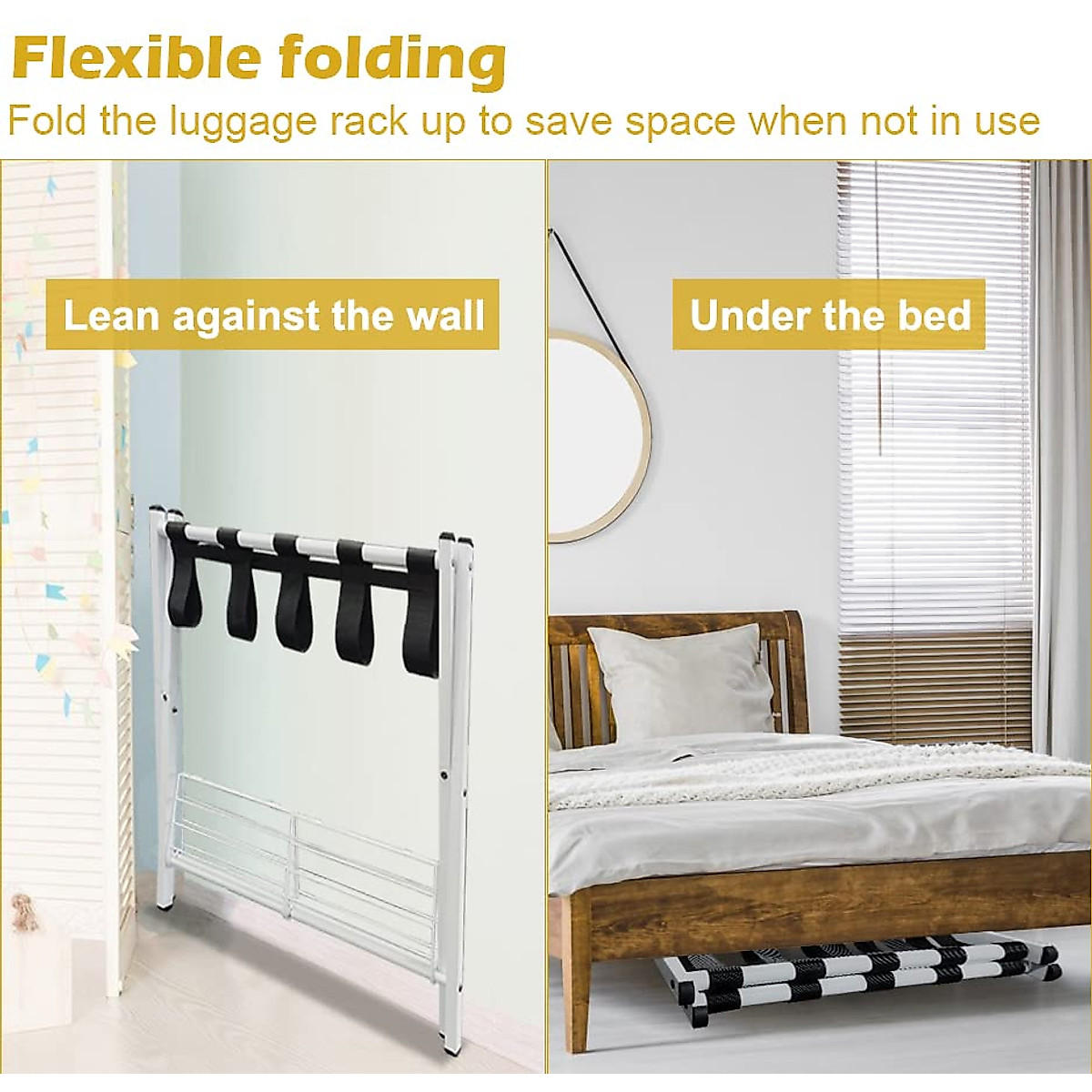 mocomax 1 Pack Folding Luggage Rack for Guest Room, Foldable Suitcase Stand Holder with Metal Storage Shelf for Bedroom, Living Room, Hotel Essentials, Heavy Duty Steel Frame, White