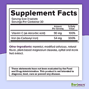 BariMelts Iron with Vitamin C, Dissolvable Bariatric Vitamins for WLS Patients Including Gastric Bypass and Sleeve Gastrectomy, Natural Orange Flavor - 90 Fast Melting Tablets