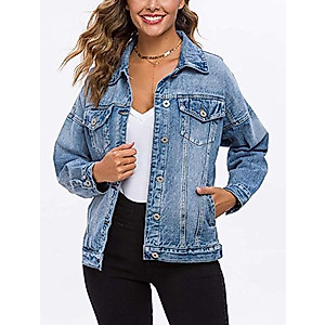 Cantonwalker Women's Oversize Vintage Washed Boyfriend Denim Jacket Long Sleeve Classic Loose Jean Trucker Jacket 003 (Light Blue Washed, L)…