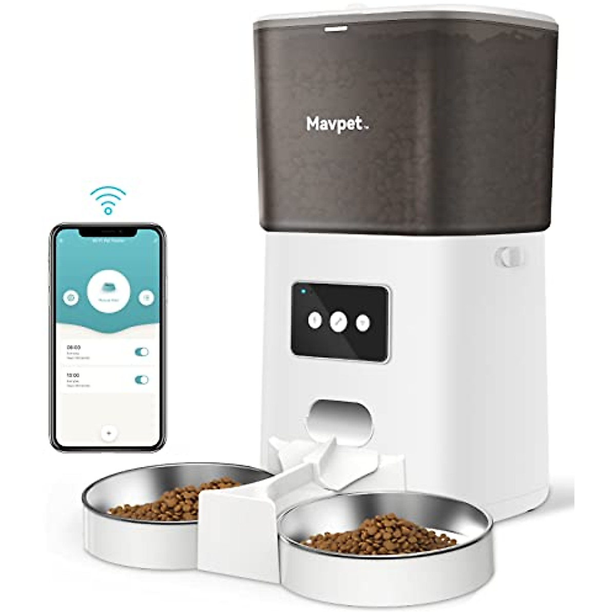 Mavpet 6L Automatic Cat Feeder, 2.4G WiFi Smart Dry Food Dispenser, Detachable Pet Feeder with Two Stainless Steel Bowls & Meal Splitter, APP Control, 10s Voice Recording, Up to 15 Meals Per Day
