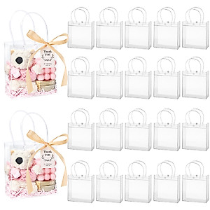 Mauproy 30 Pack Clear Gift Bags with Handles, Reusable Tote Bags with Ribbons and Tags, Plastic Goodie Bags for Wedding Birthday Baby Shower Party Favors (5.9” x 6.3” x 2.8")