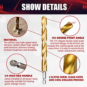 wesleydrill 30 Pcs Impact Twist Drill Bit Set，1/16"-1/2" Hex Shank Hss Titanium Drill Bits，Fit for Metal/Wood/Plastic Sink