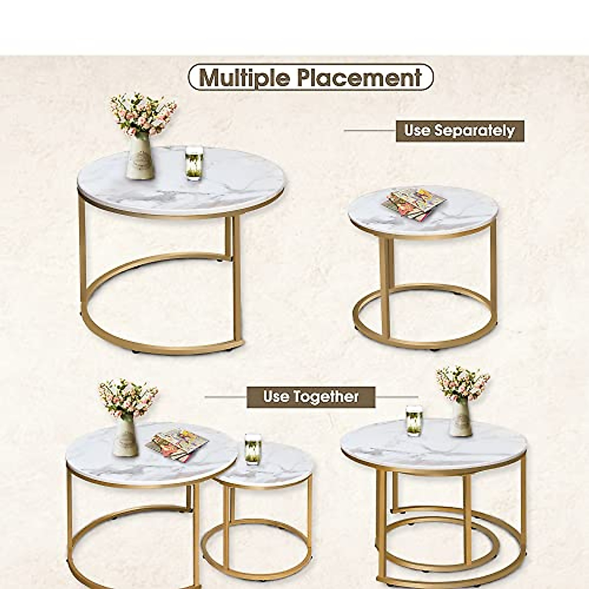 aboxoo Coffee Table Nesting White Set of 2 Side Set Golden Frame Circular and Marble Pattern Wooden Tables, Living Room Bedroom Apartment Modern Industrial Simple Nightstand