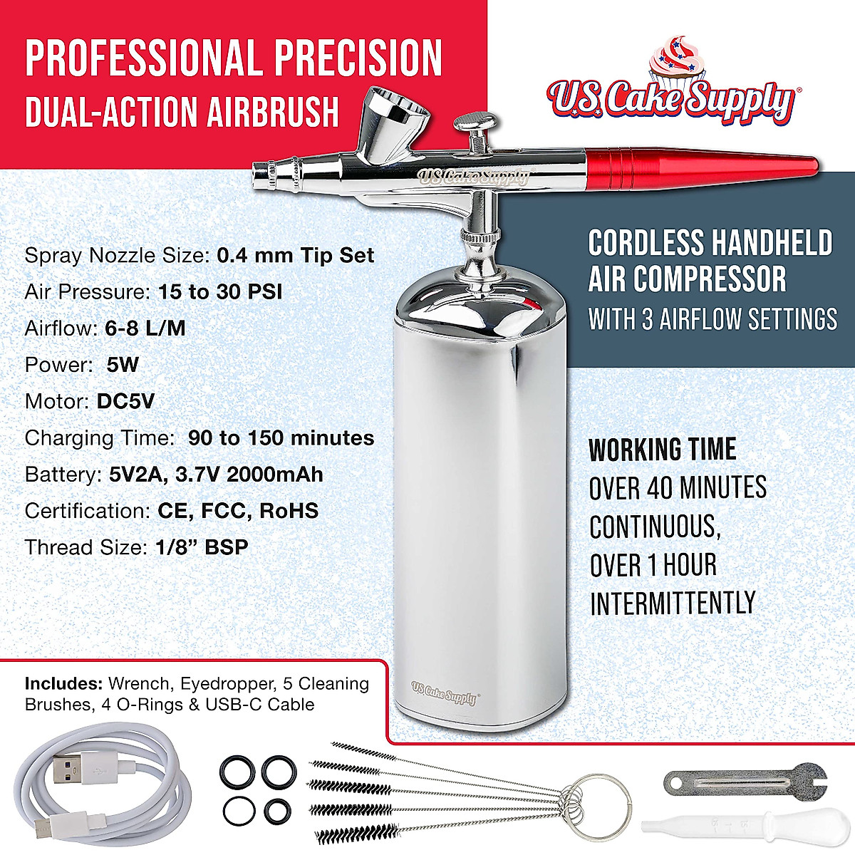 U.S. Cake Supply - Cordless Handheld Airbrushing System Kit - 15 to 30 PSI, Rechargeable Professional Airbrush Artist Set, How to Guide - Decorating Cakes, Cupcakes, Paint, Hobbies Crafts, Makeup, Art