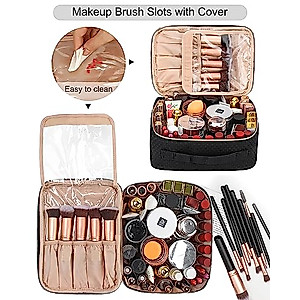 Relavel Travel Makeup Bag, Large Cosmetic Organizer Case Travel Toiletry Storage Train Case for Women and Girls, with Brush Compartment and Easy to Clean Lining, Black