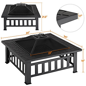 Yaheetech 34in Fire Pit Table Outdoor Wood Fire Pits Fire Pits for Outside Patio Square Steel Stove with Mesh Screen, Waterproof Cover & Poker for Bonfire Camping