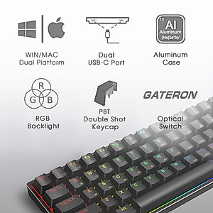 AG AC61M GK61 RGB Gaming Keyboard - 61 Keys Aluminum Case Two USB-C Ports PBT Keycap Hot Swappable Programmable for PC/Mac Gamer (Gateron Optical Blue, Black Color)