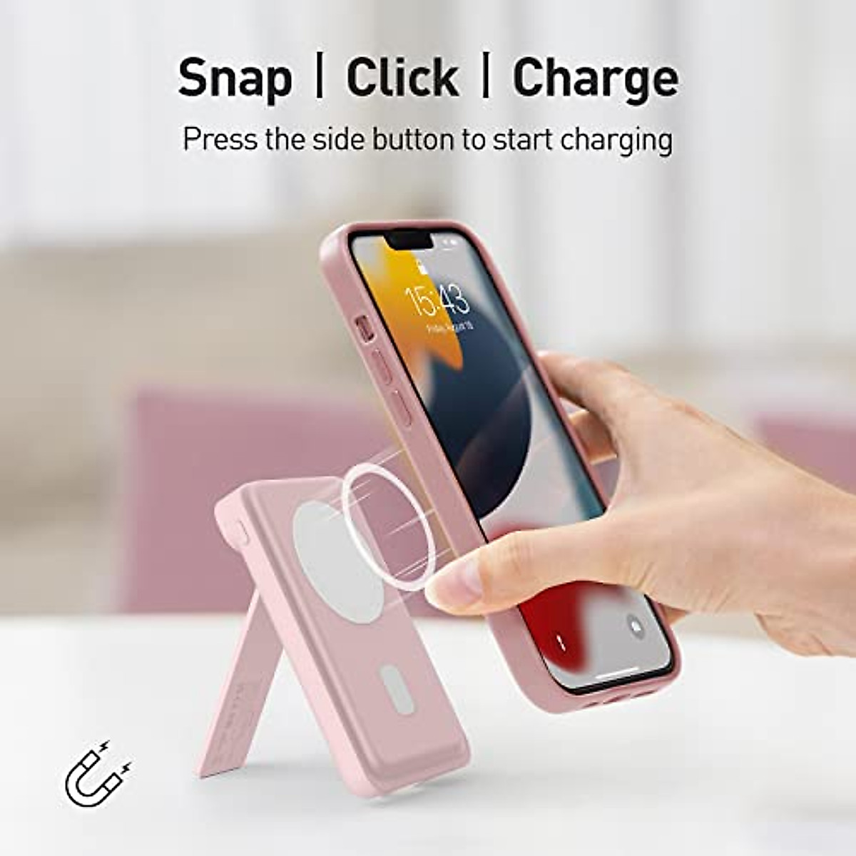 iWALK MAG-X Magnetic Wireless Power Bank with Stand, 5000mAh Portable Charger with USB-C Port & LED Display, Ergonomic Grip Design Battery Pack Compatible with iPhone 15/14/13/12 Series,For iOS17 Mode