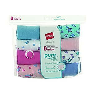 Hanes Ultimate Girls' Underwear, Pure Comfort Organic 100% Cotton Panties, Briefs, 8-Pack, Hipster-Print Solid Assorted, 12