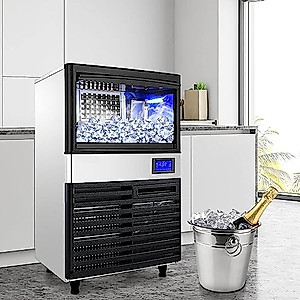 Commercial Stainless Steel Ice Maker Machine with 110LBS/24H Capacity, 39LBS Bin, Electric Water Drain Pump, Water Filter, 2 Scoops, and Connection Hose - Auto Operation for Home, Bar, Restaurant