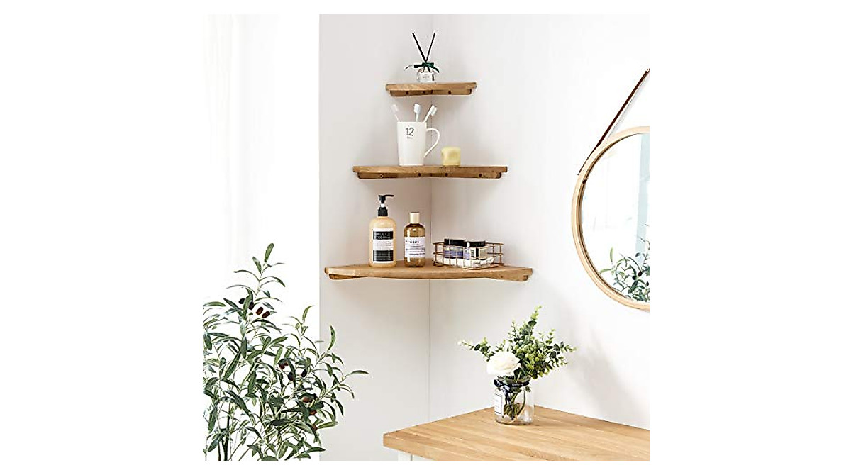 Oak Solid Wood Corner Shelf - Floating Wall Mount Display