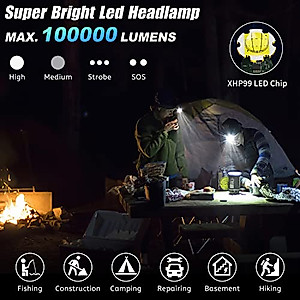 Headlamp Rechargeable for Adults 100000 Lumens, XHP99 Bright Head Lamps Outdoor Led Headlight - 4 Modes, 270° Adjustable, Red-Blue Warn Light, Digital Power Displayer, Zoomable Mutifunction Headlamps