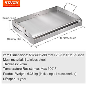 VEVOR Stainless Steel Griddle, 23.5"x16" Pre-Seasoned Stove Top Griddle, Rectangular Double Burner Griddle Pan, Non-Stick Family Pan Cookware with Handles and Oil Groove, for BBQ, Gas Grills, Silver