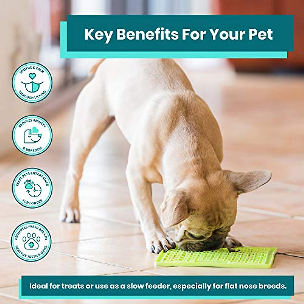 Lickimat Classic Dog Slow Feeders, Lick Mat, Boredom Anxiety Reduction; Perfect for Food, Treats, Yogurt, Peanut Butter. Fun Alternative to Slow Feed Dog Bowl! (Green & Turquoise, Soother & Buddy)