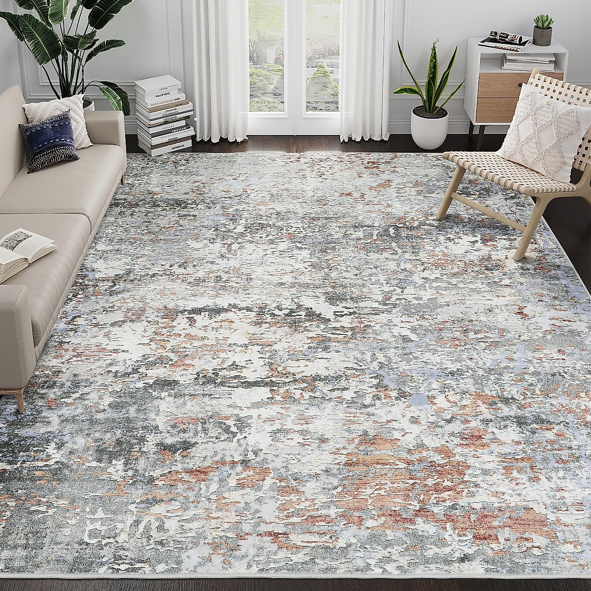 Miukiki 8x10 Area Rugs for Living Room,Anti-Slip Backing Washable Rug,Stain Resistant Modern Abstract Large Area Rug,Ultra-Thin Room Decor Rugs (Orange/Grey,8'x10')