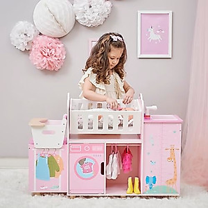 Olivia's Little World Amanda 6-in-1 Wooden Doll Nursery Station with Rocking Cradle, High Chair, Storage, Washing Machine and Sink - for 3 yrs and up, Pretend Play House, Daycare - Pink/Multi
