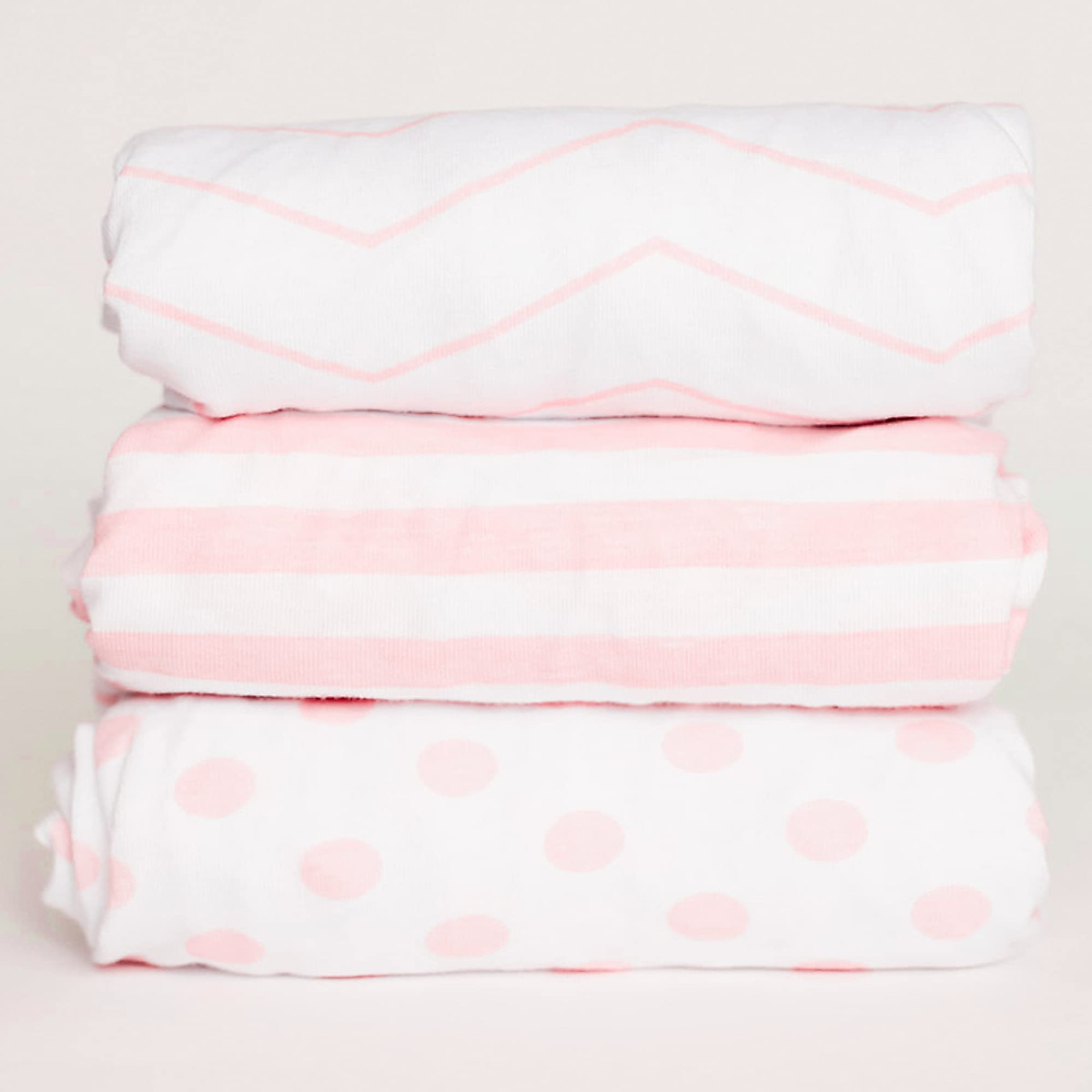 NODNAL CO. 3 Fitted Pink Mini Crib Pack n Play Playard Portable Crib Sheets Set - 100% Oeko-TEX Cotton Baby Girl Nursery Bedding - Chevron, Polka Dot, & Stripe Travel Pack and Play Playpen Sheet
