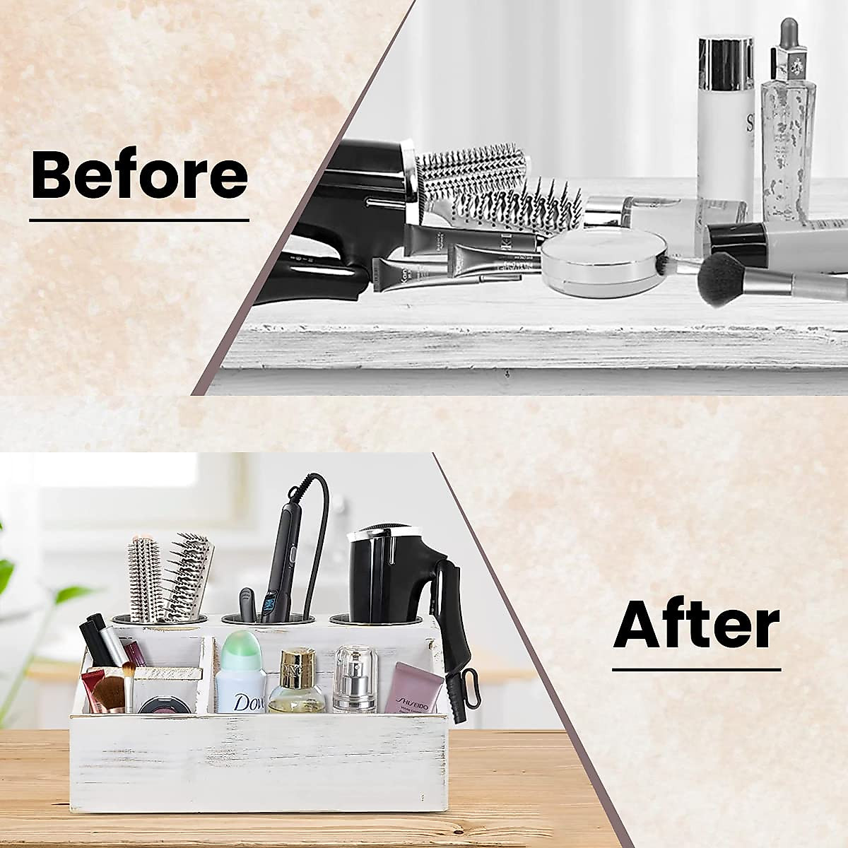 Rustic Wood Farmhouse Bathroom Hair Tool Organizer Makeup Organizer Vanity Tray - Vanity Organizer for Bathroom Counter - Hair Dryer Holder - Blow Dryer Holder Bathroom Counter Tray 12" x7”