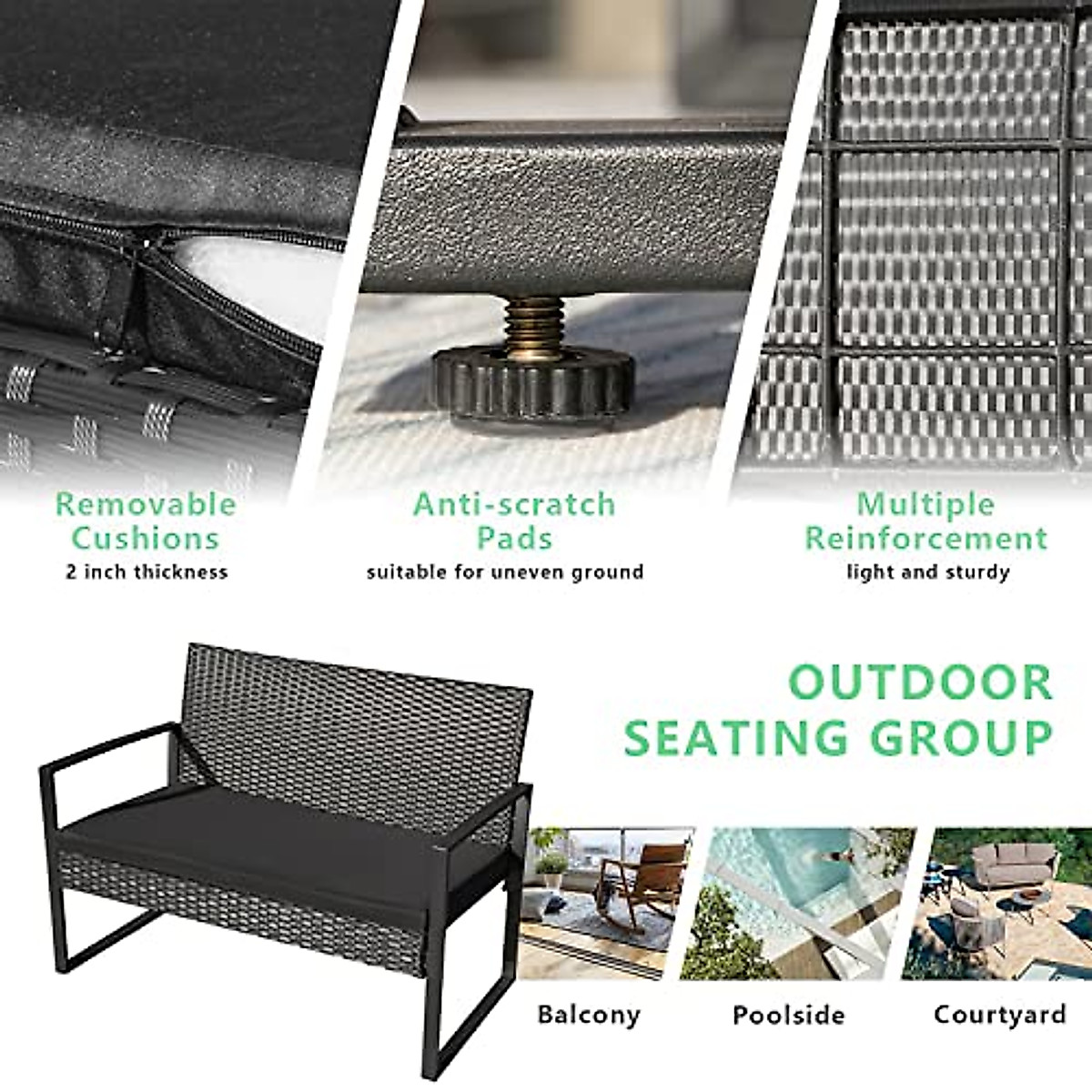 Flamaker 4 Piece Patio Furniture Outdoor Rattan Conversation Bistro Set with Cushion Porch Furniture Metal Patio Table and Chairs for Poolside, Backyard, Balcony (Black)