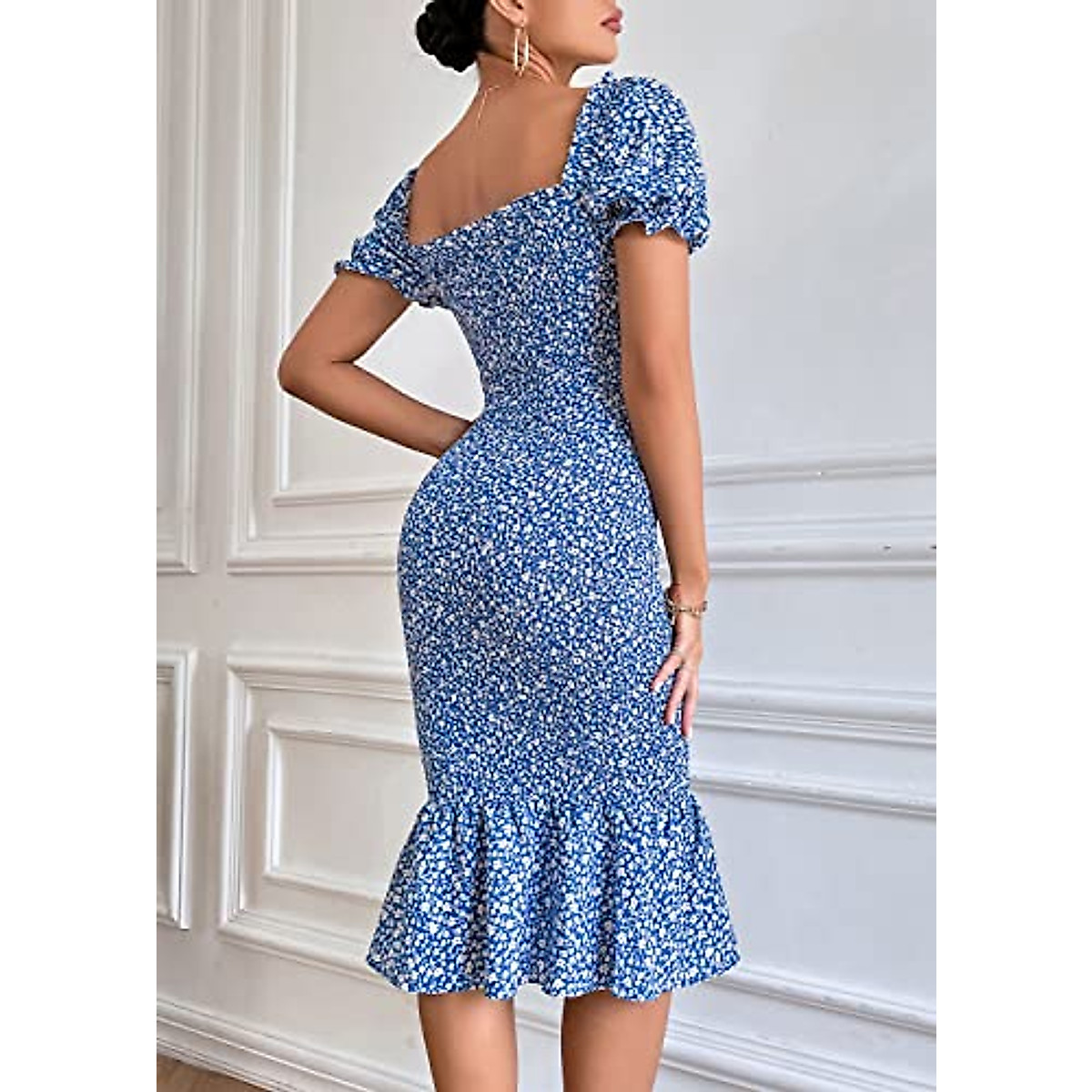 PRETTYGARDEN Women's Summer Floral Midi Bodycon Dresses Short Puff Sleeve Square Neck Ruffle Hem Mermaid Cocktail Dress (Blue,Medium)