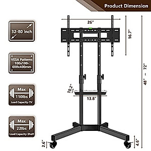 Mobile TV Stand with Wheels for 32-80 Inch LCD LED 4K Flat Screens with Wheels - Height Adjustable TV Cart Rolling TV Stand with Laptop Shelf, Outdoor TV Stand - Max VESA 600x400, Black