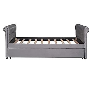 TARTOP Twin Daybed Upholstered Daybed with Trundle, Twin Size Sofa Bed Wood Bed Frame for Kids/Teens/Girls/Boys,Gray